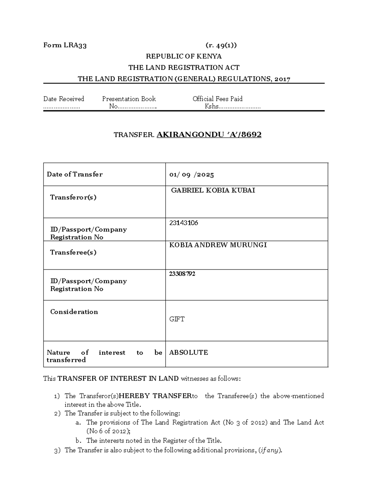 Transfer of Interest in Land - Form LRA33 - REPUBLIC OF KENYA - Studocu