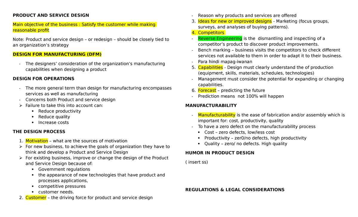Product AND Service Design - PRODUCT AND SERVICE DESIGN Main objective ...