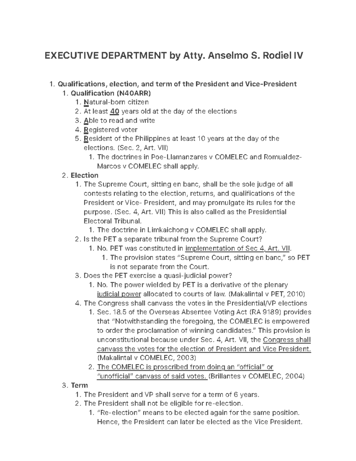 N40ARR: Executive Department Overview and Presidential Powers - Studocu
