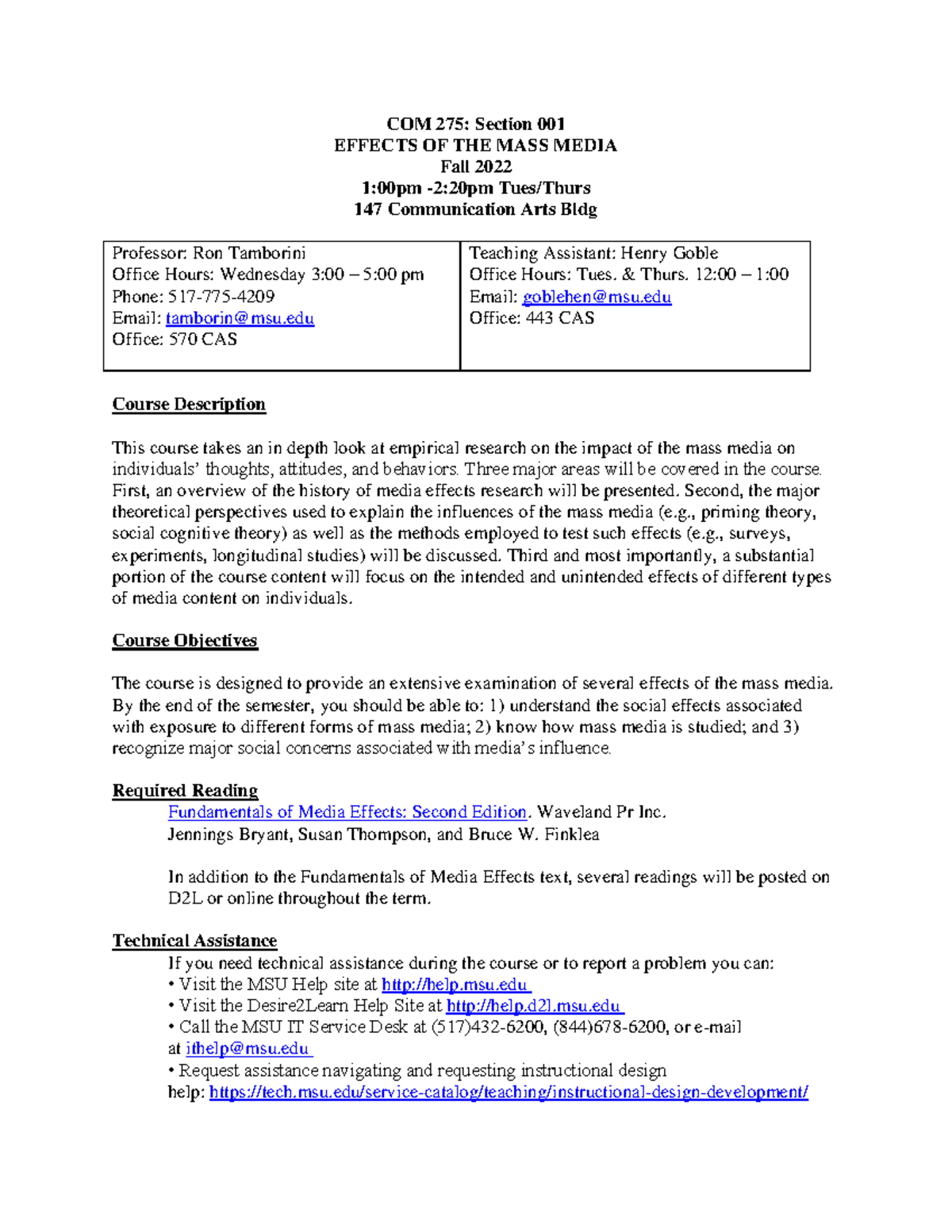 COM275 Syllabus - Prof. Ron Tamborini and TA Henry Goble - COM 275 ...