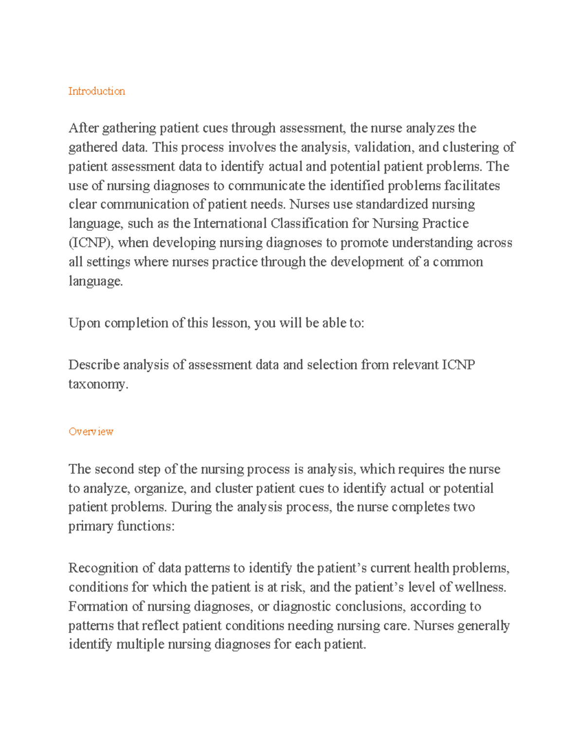 Nursing Process Analysis: Understanding ICNP Nursing Diagnoses (NURS ...