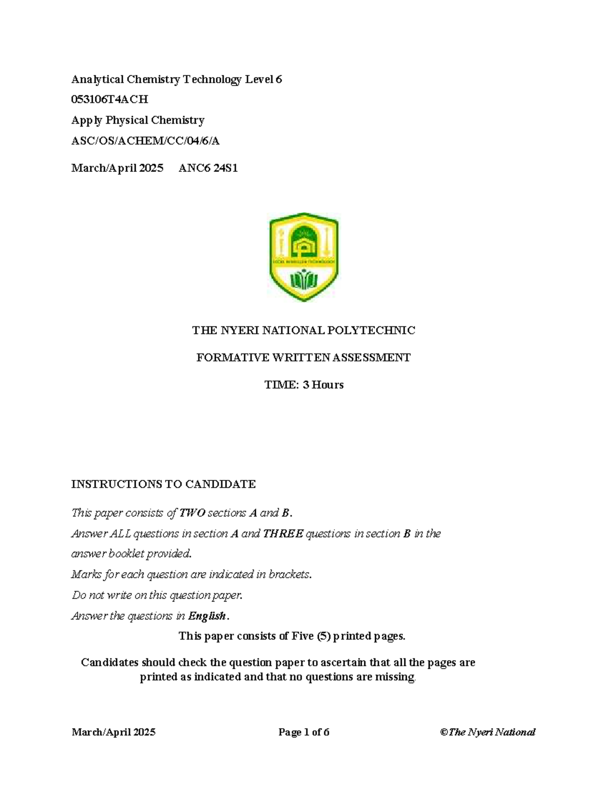 ANC624S1 Physical Chemistry Formative Assessment 2025 - Studocu