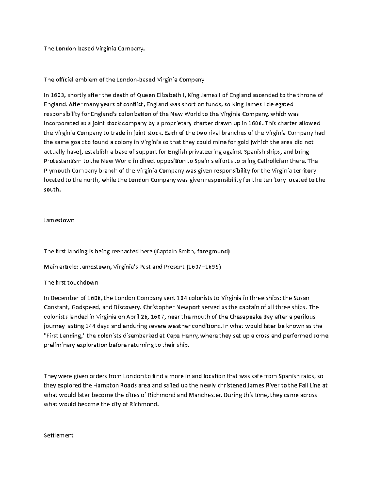 Va6 - The Virginia Company: Origins and Early Settlement of Jamestown ...
