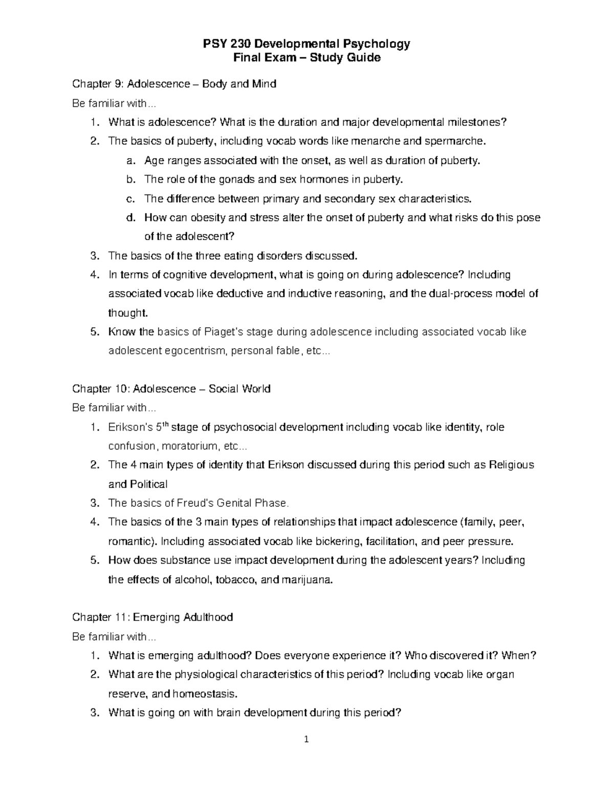 PSY 230 Developmental Psychology Final Exam Study Guide Overview - Studocu
