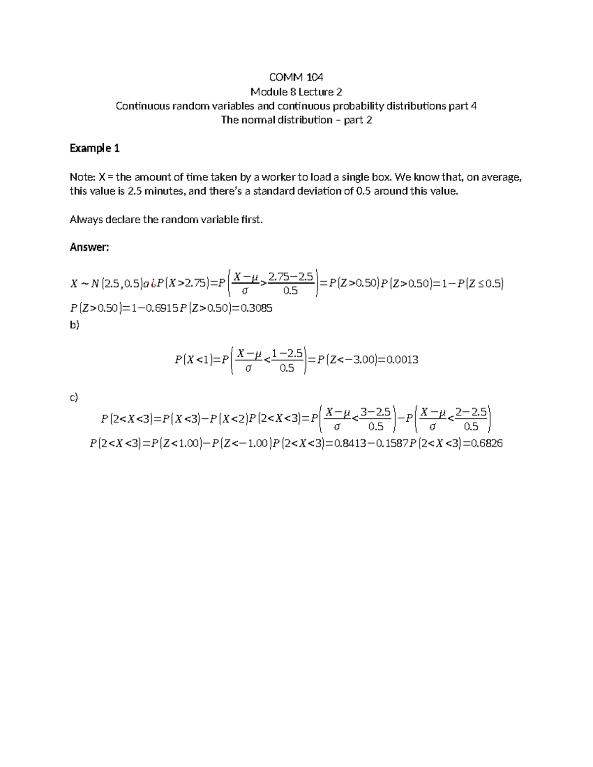 COMM 104 Module 8 Lecture 2: Continuous Probability Distributions Part ...