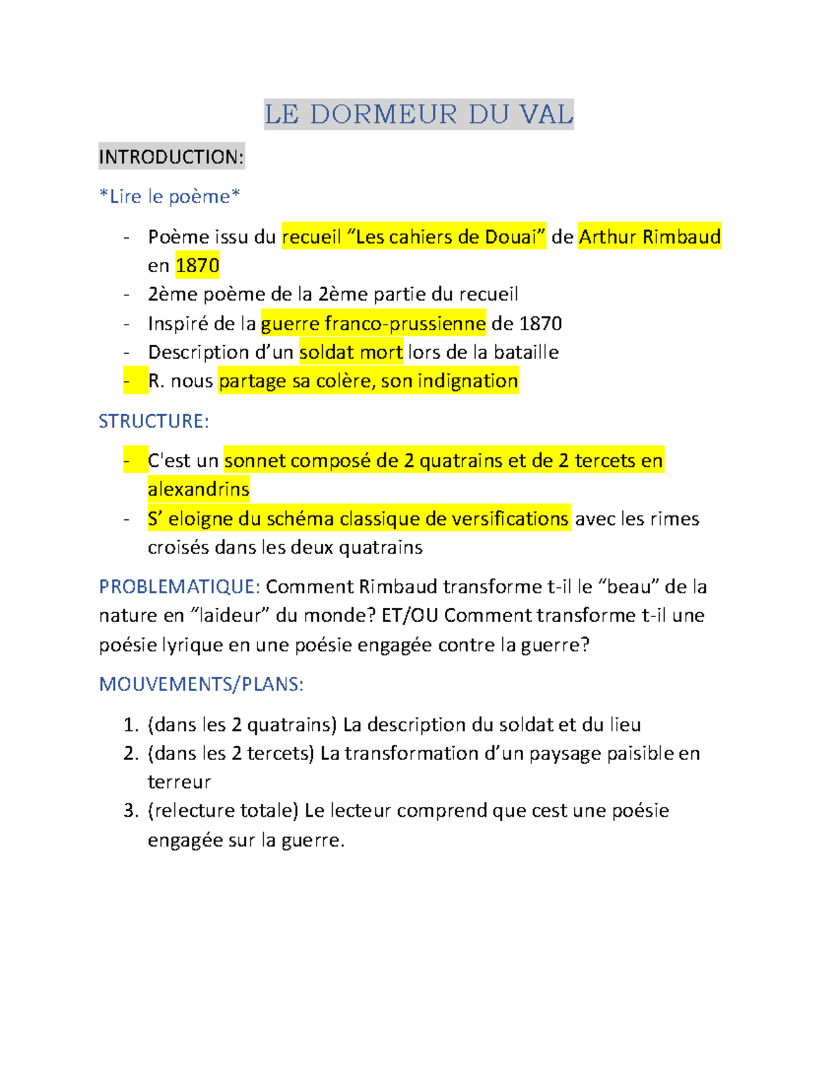 Analyse linéaire de "Le Dormeur du val" par Rimbaud - Étude Poétique ...