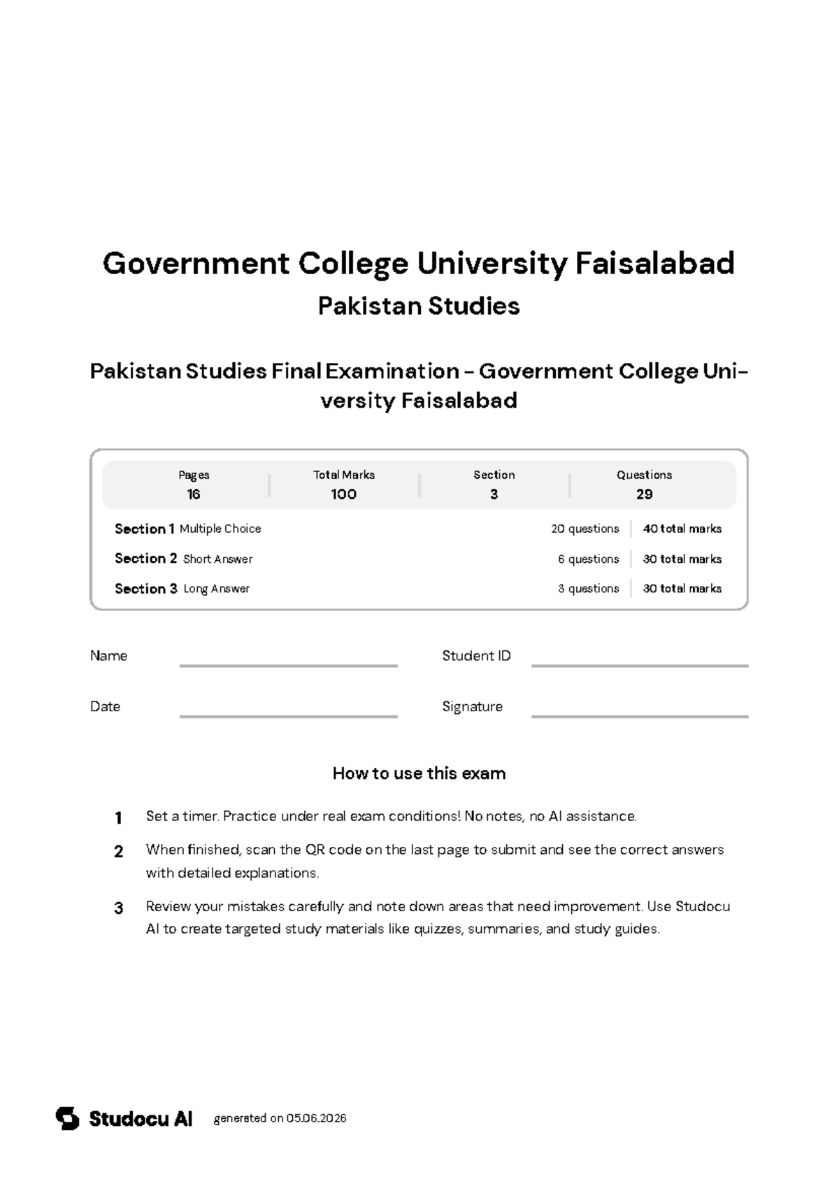 Pakistan Studies Final Exam - GCU Faisalabad - Studocu