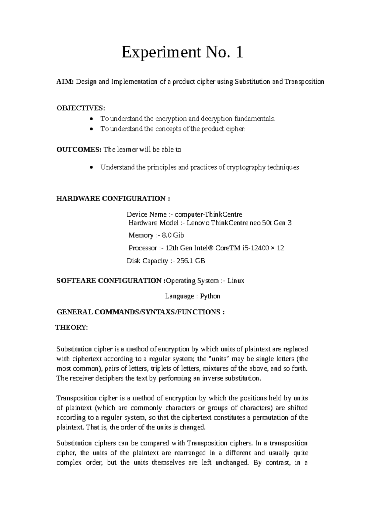 Experiment No. 1: Product Cipher Design & Implementation - Studocu