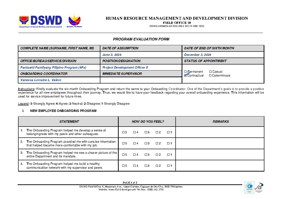 Program Evaluation FORM PDO II (Contractual) 4Ps - HUMAN RESOURCE ...