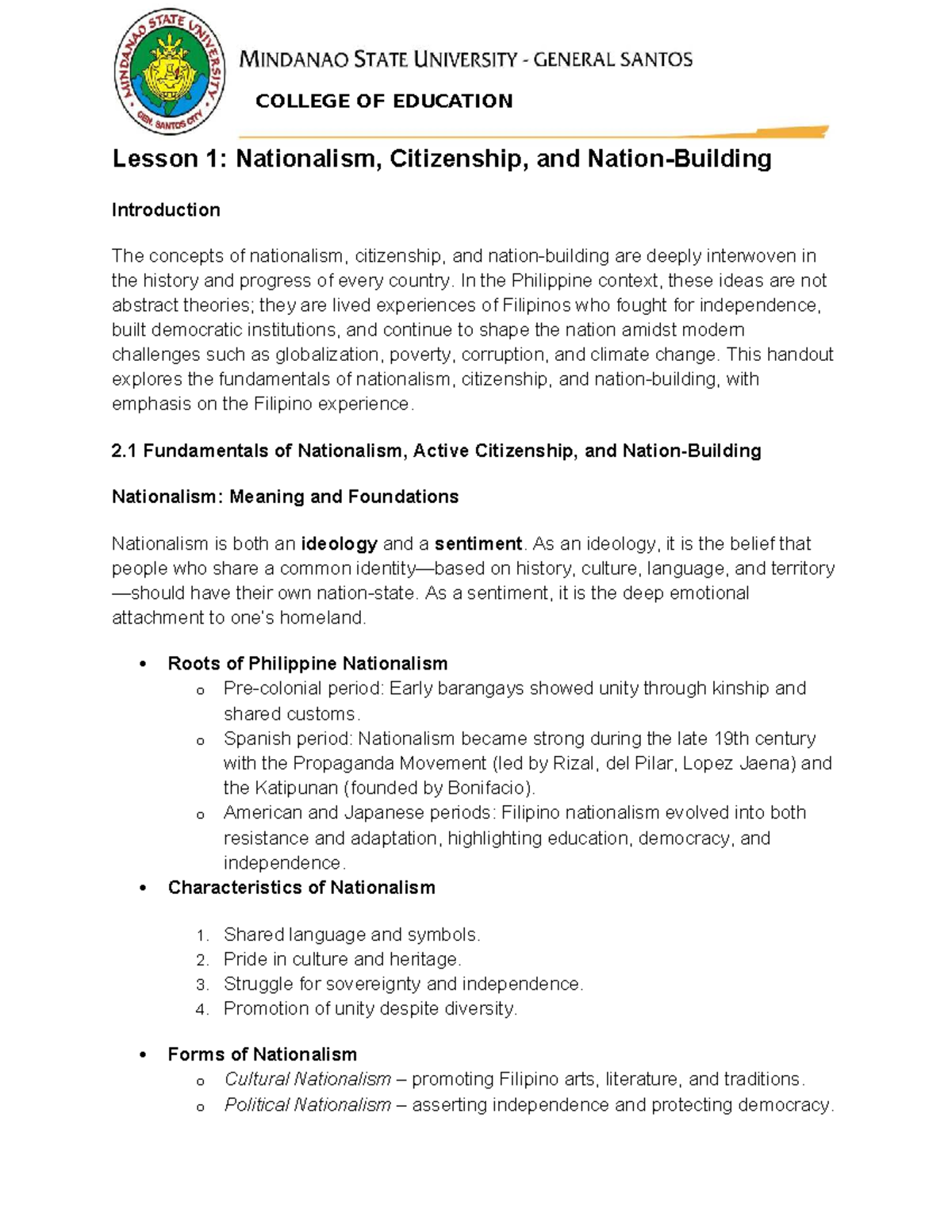 COLLEGE OF EDUCATION Lesson 1: Nationalism, Citizenship, and Nation ...