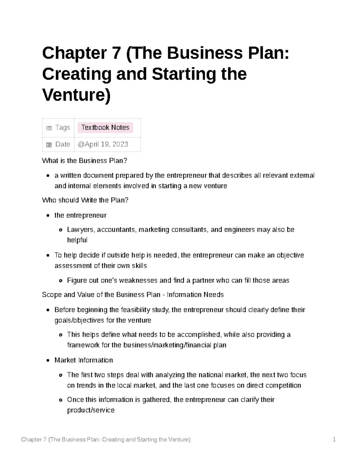 Chapter 7 Notes: The Business Plan - Creating and Starting a Venture ...