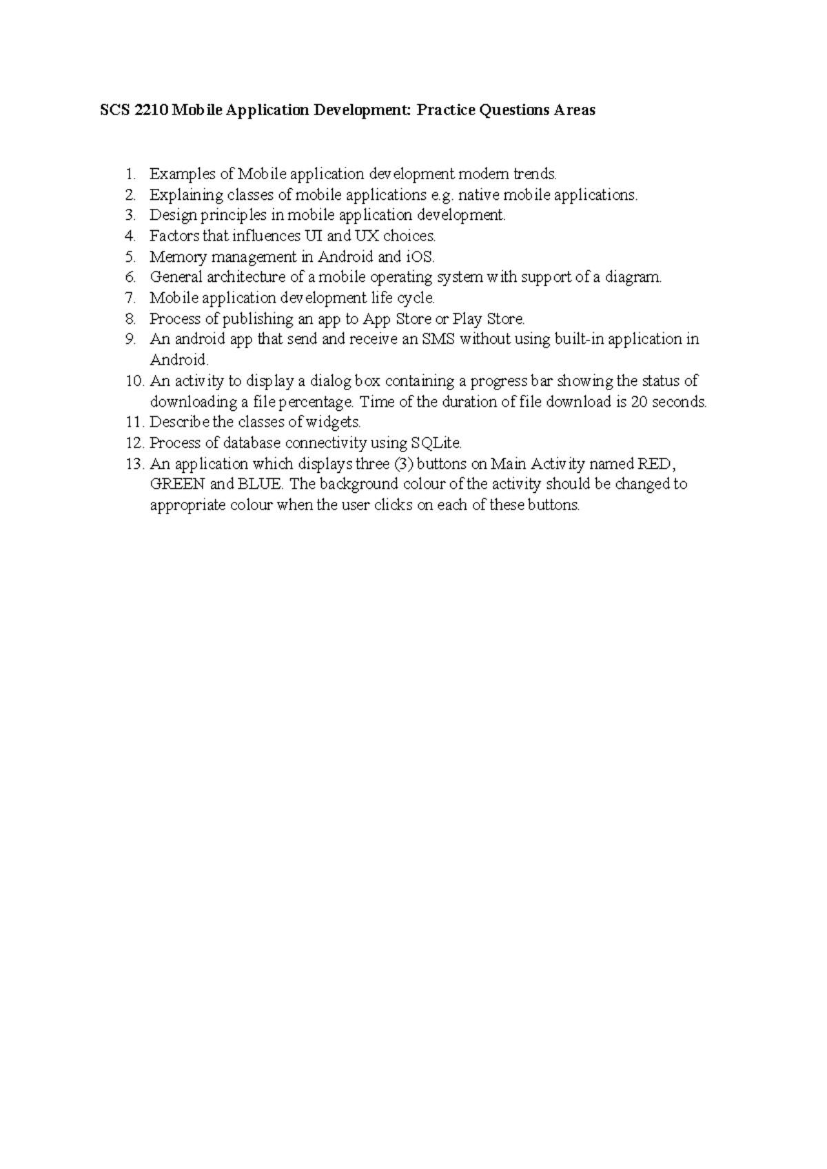 SCS 2210 Mobile Application Development Practice Questions - Examples of Mobile application ...