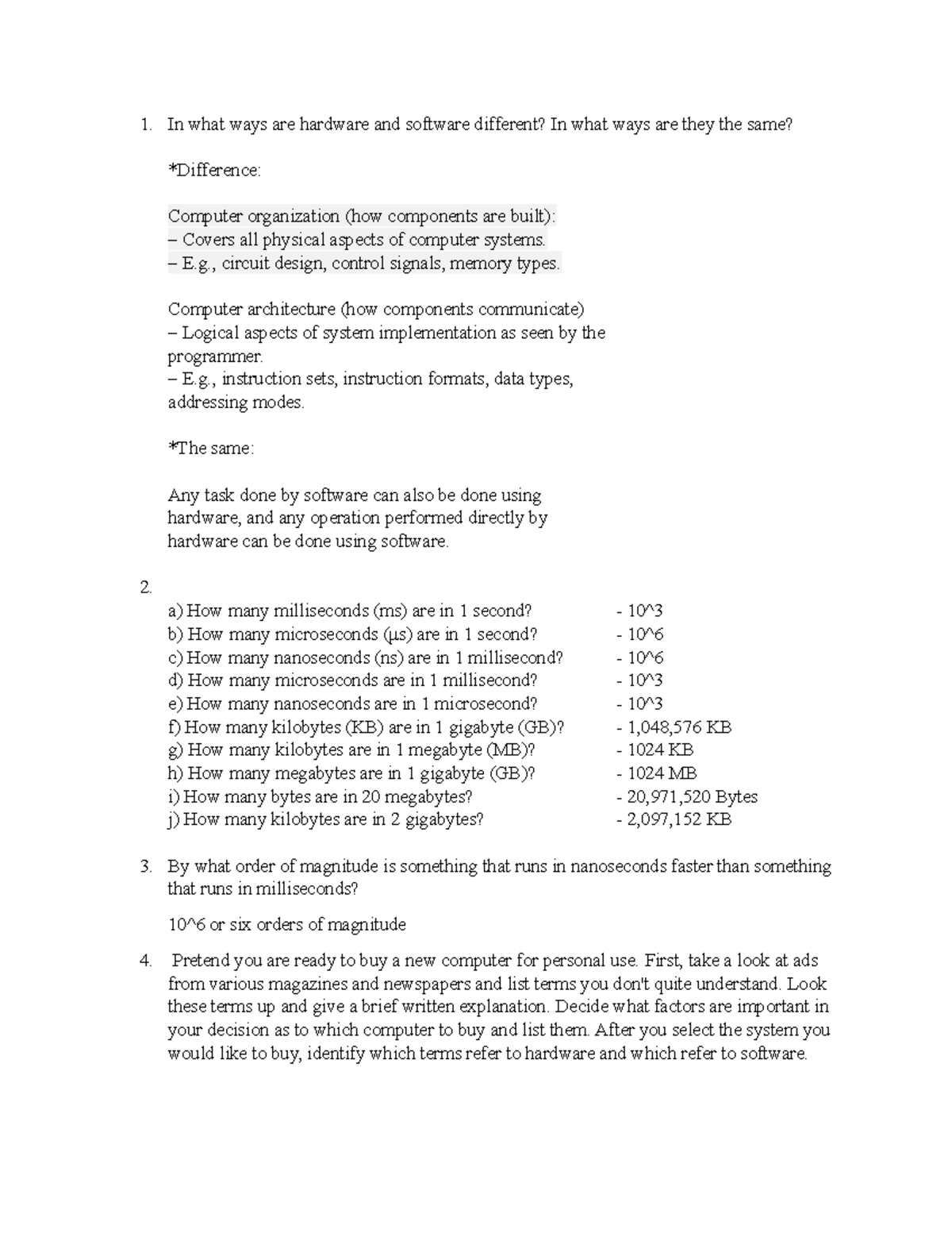 Comp-Org Quiz 1 - Hardware vs Software Differences and Applications ...