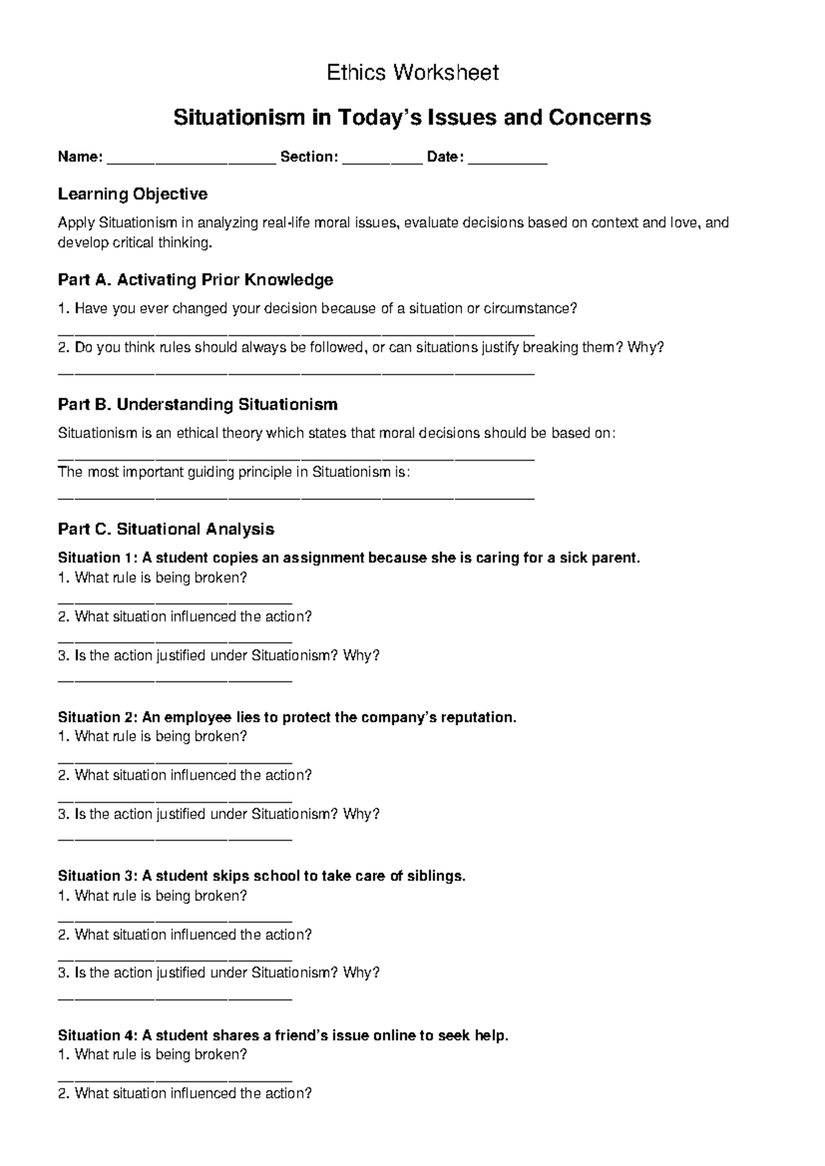 Ethics Worksheet: Analyzing Situationism in Moral Decisions - Studocu