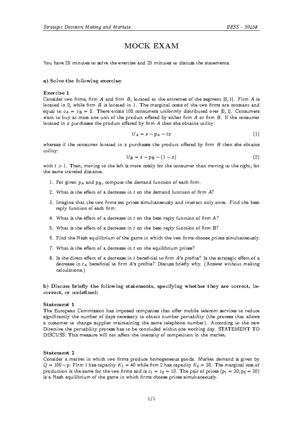 Strategic Decision Making BESS 30458 Mock Midterm Exam Exercises - Studocu