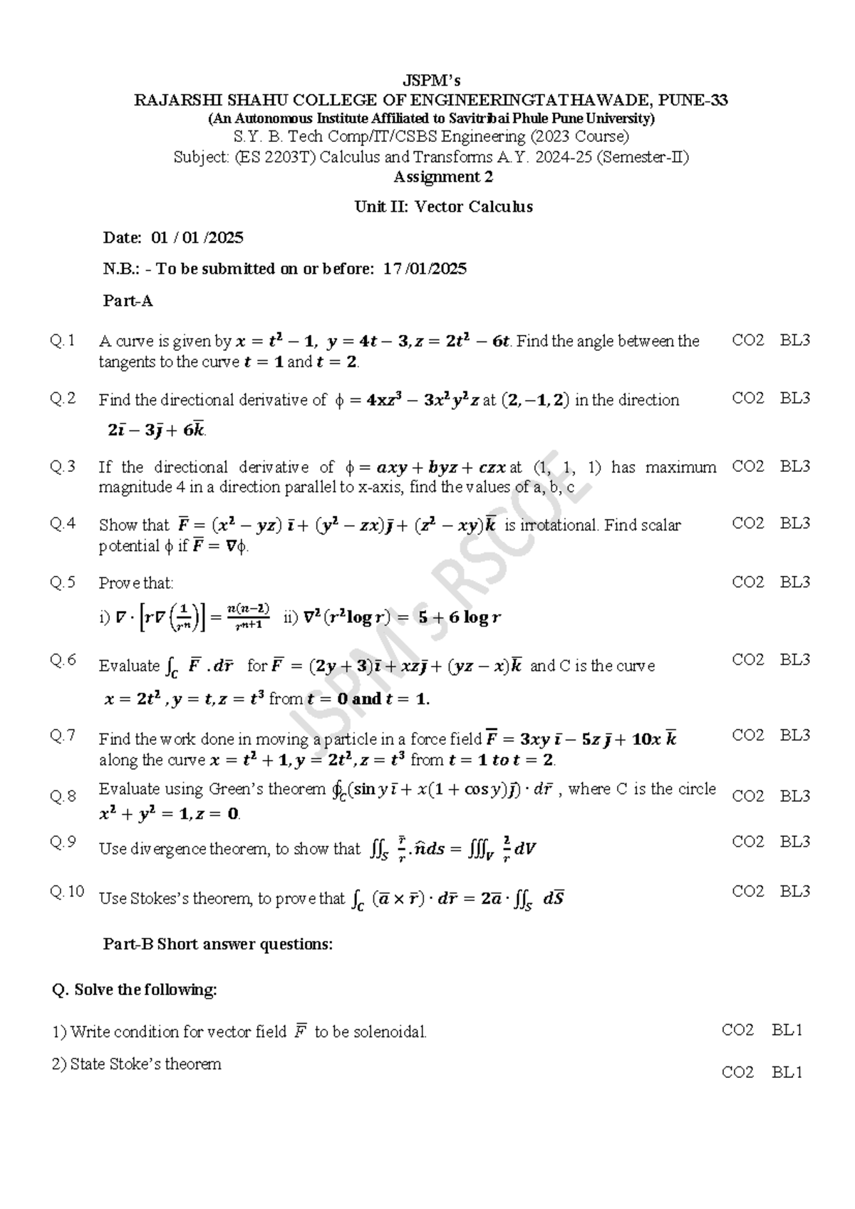 S.Y. B. Tech (ES 2203T) Assignment 2: Vector Calculus Solutions - Studocu