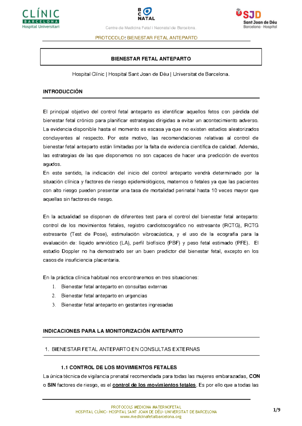 Protocolo de Bienestar Fetal Anteparto - Medicina Maternofetal - Studocu
