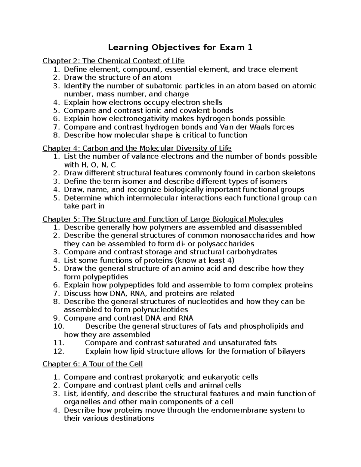 Biology Exam 1 Learning Objectives: Chapters 2-7 Overview - Studocu