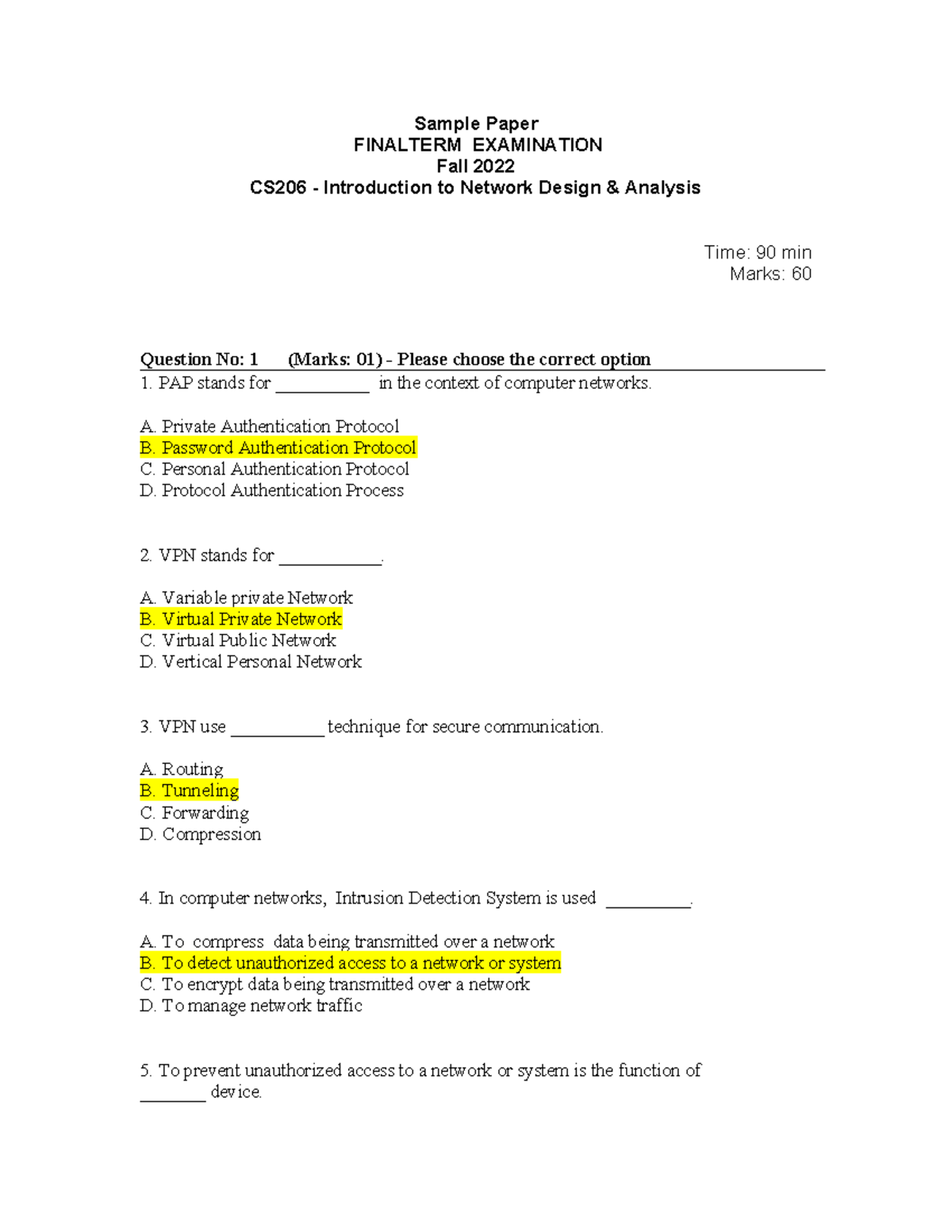 Sample Paper CS206-updated - Sample Paper FINALTERM EXAMINATION Fall ...