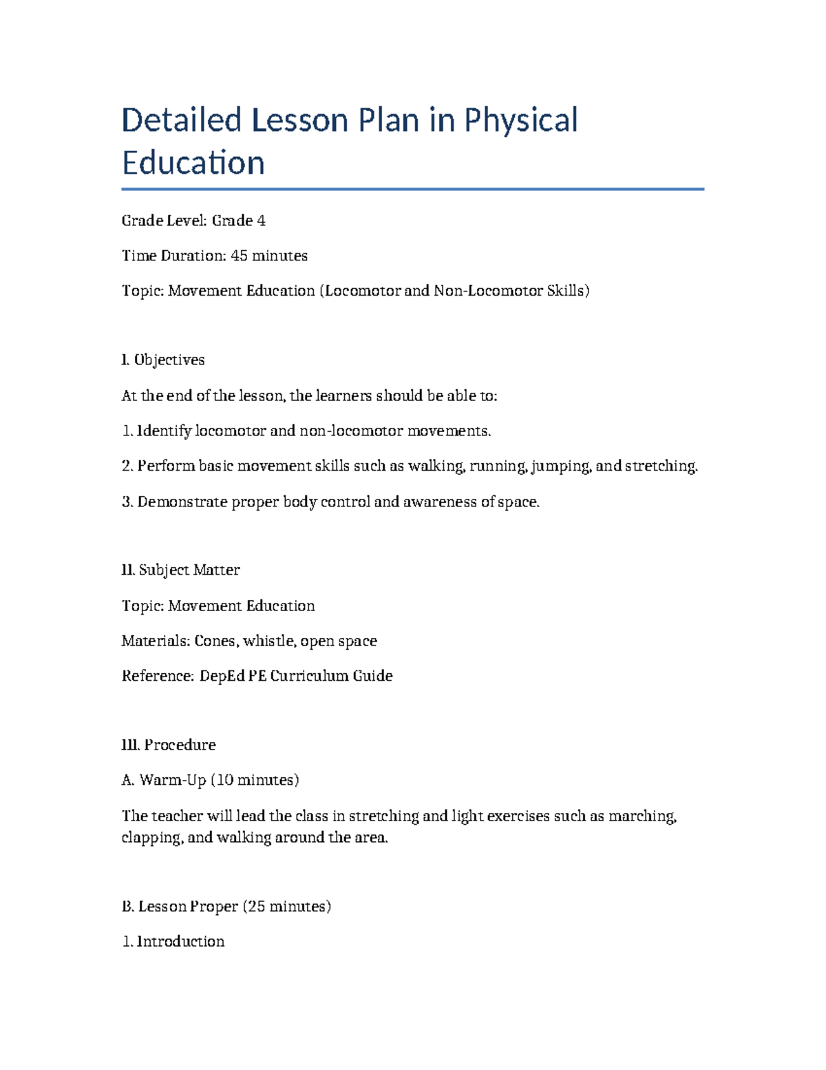 Movement Education Lesson Plan for PE Grade 4 (45 min) - Studocu