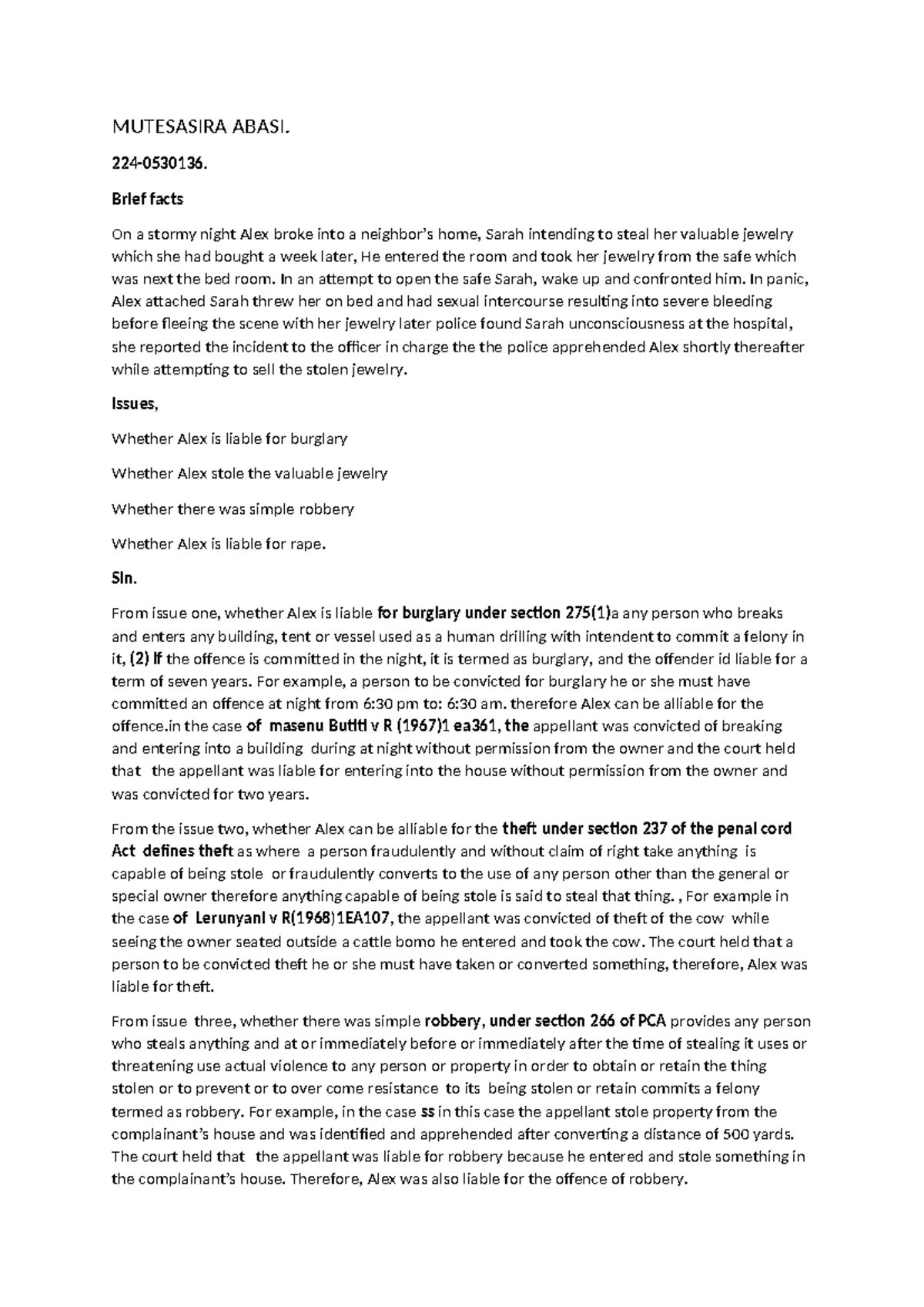 Criminal Law II: Case Study on Burglary, Theft, Robbery, and Rape - Studocu