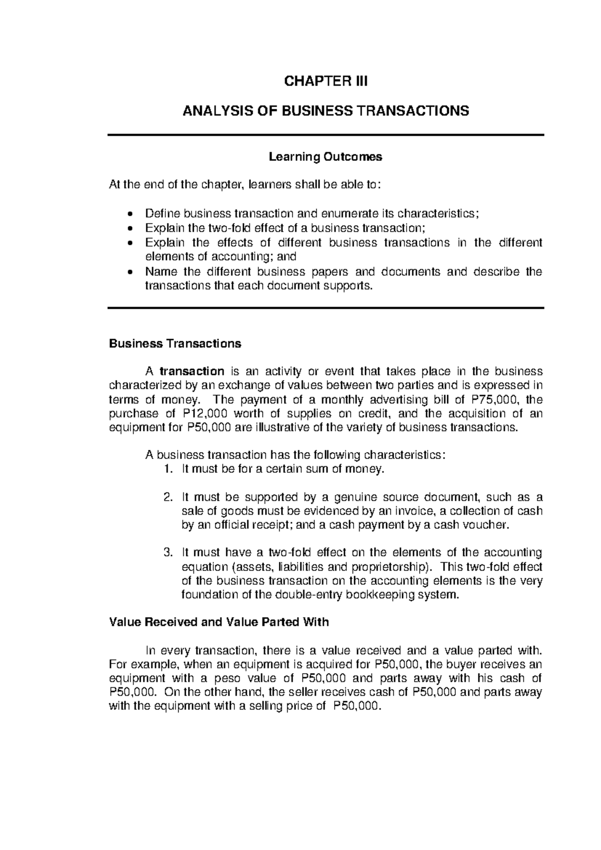 Analysis of Business Transactions in Accounting: Chapter III Overview ...