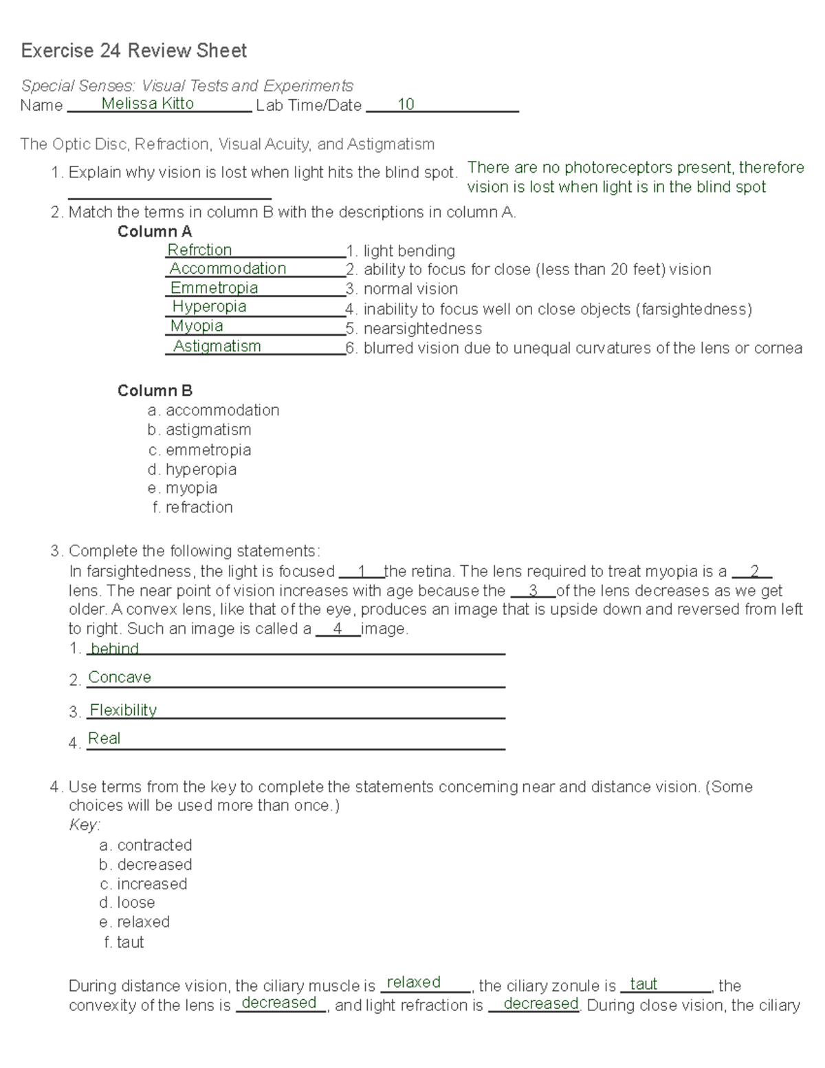 Exercise 24 Review Sheet on Special Senses & Visual Tests - Studocu