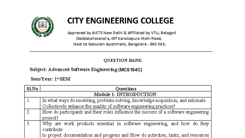 MCS104C 1st SEM Advanced Software Engineering - Module 1 IMP Qs - Studocu