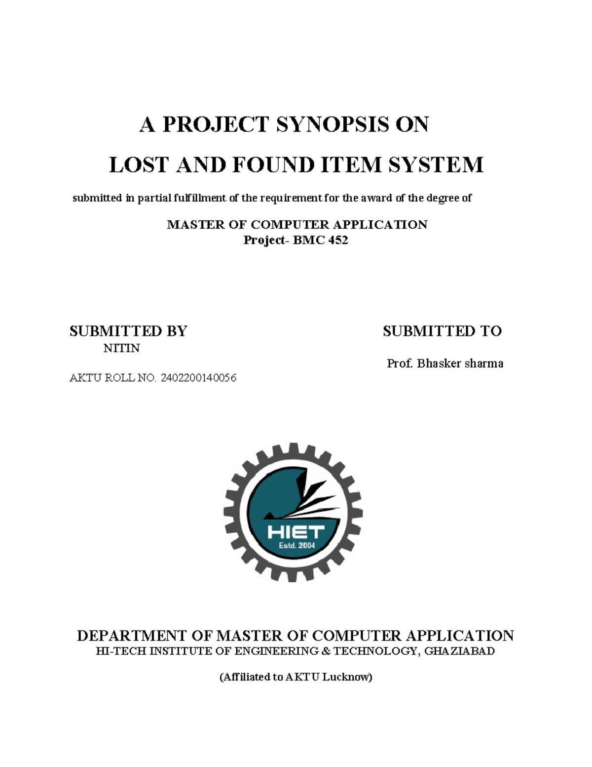 BMC 452 Project Synopsis: Lost and Found Item System - Studocu