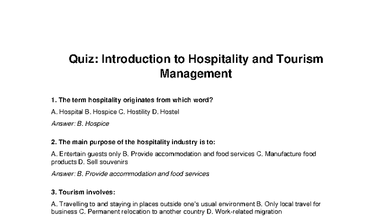 6 Introduction to Hospitality and Tourism Management Quiz - Quiz ...