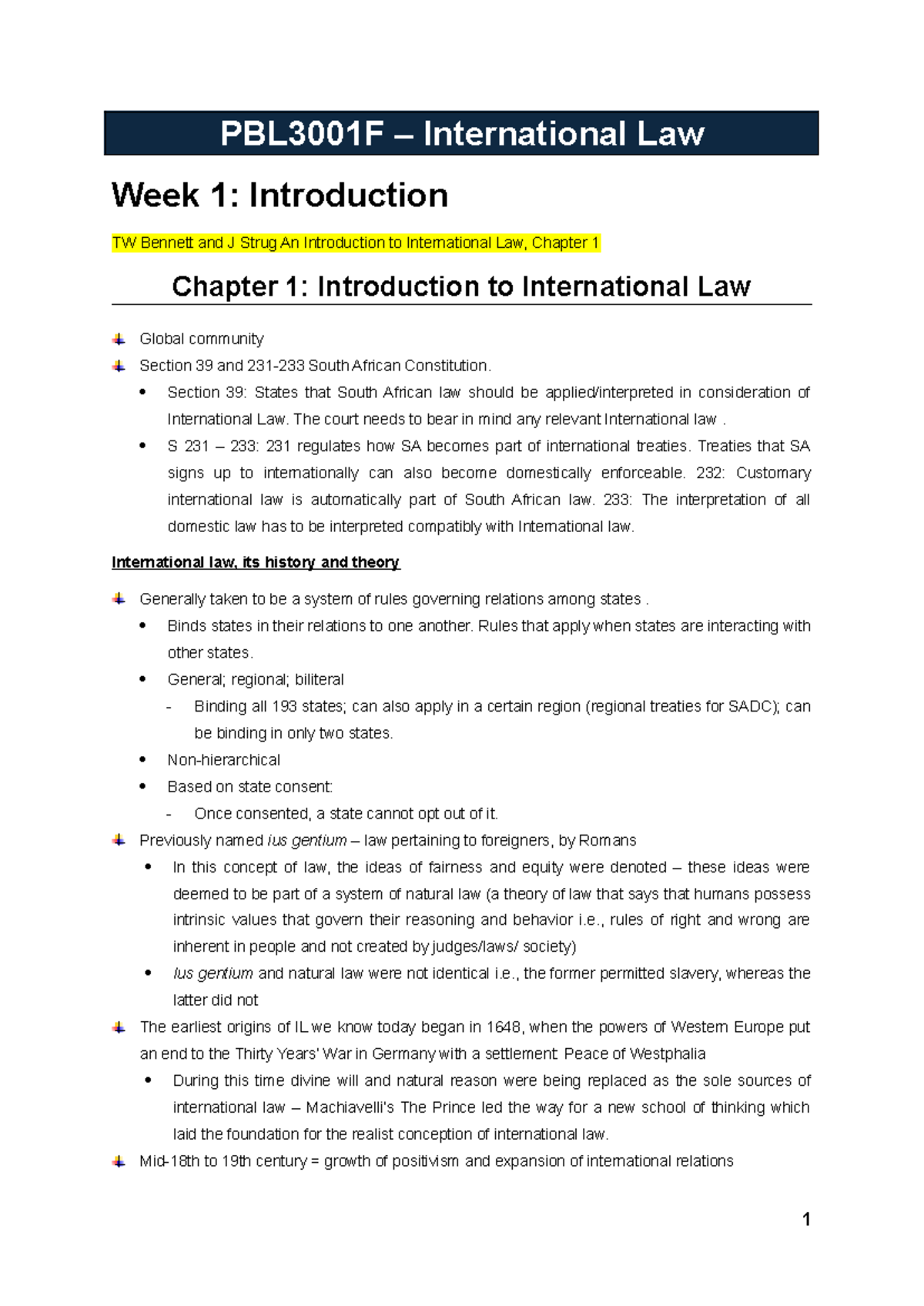 PBL3001F - International Law Term 1 Lecture Notes - Studocu