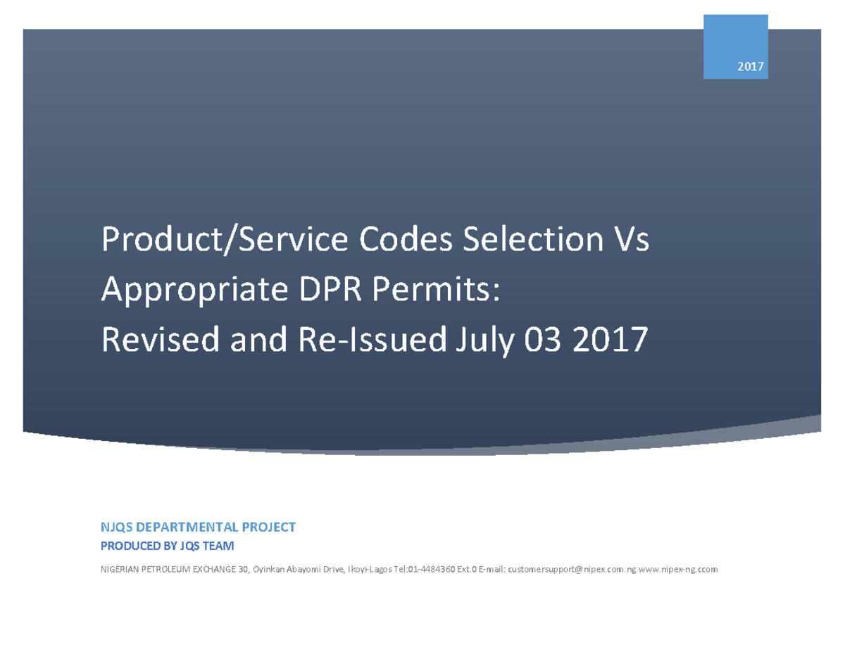 New NipeX Product Code Booklet vs DPR Permits: Revised July 2017 - Studocu