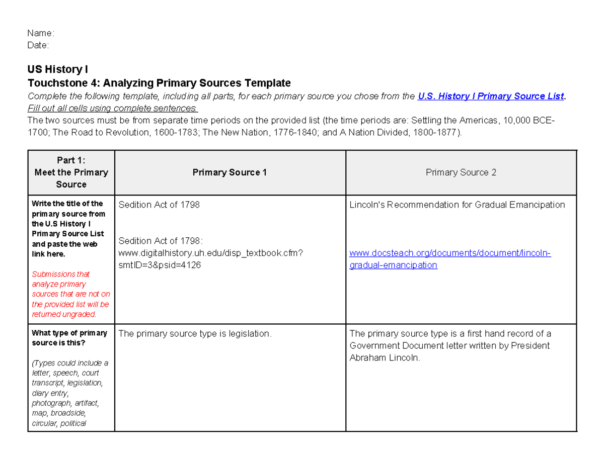 US History I Touchstone 4: Analyzing Primary Sources Template - Studocu