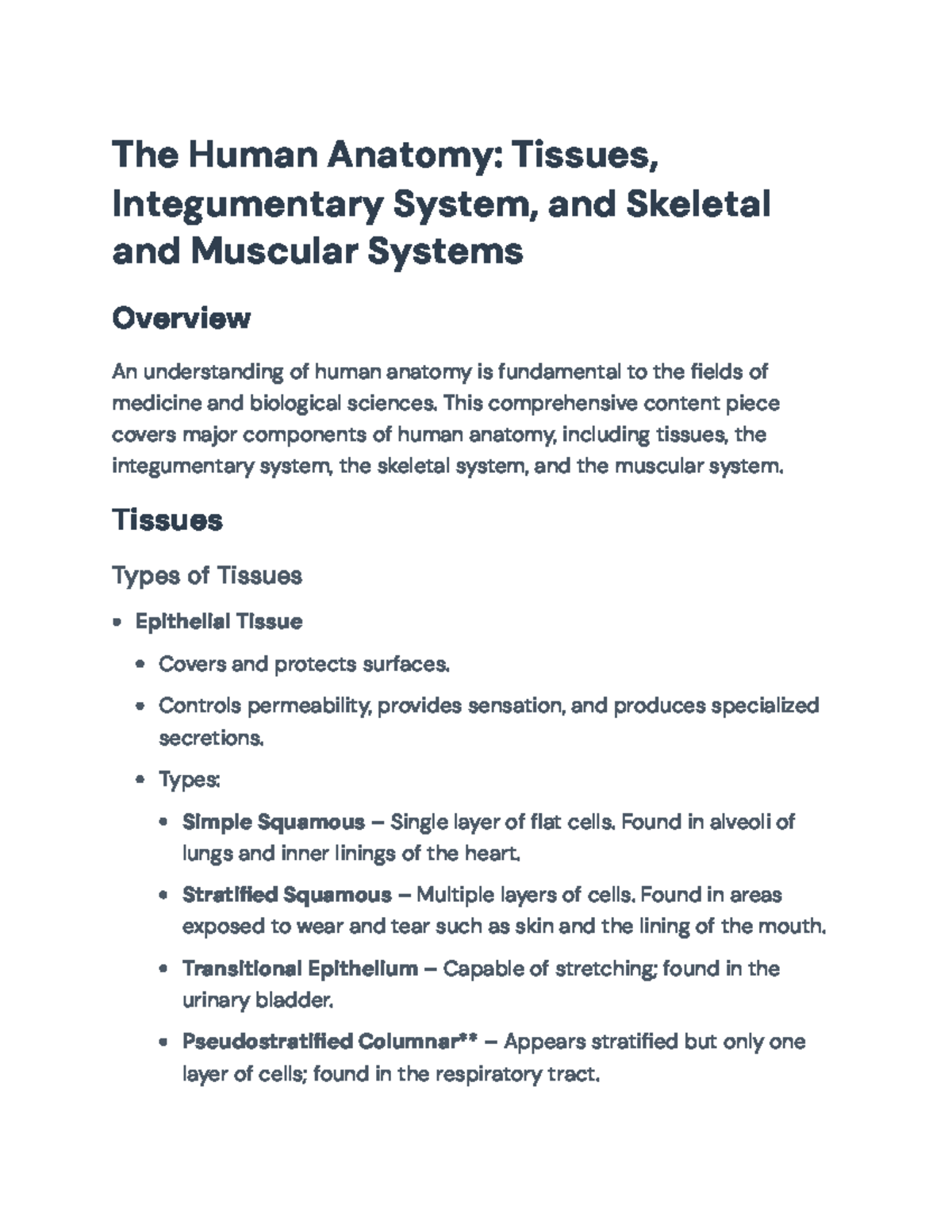 Human Anatomy Overview: Tissues, Integumentary, Skeletal & Muscular ...