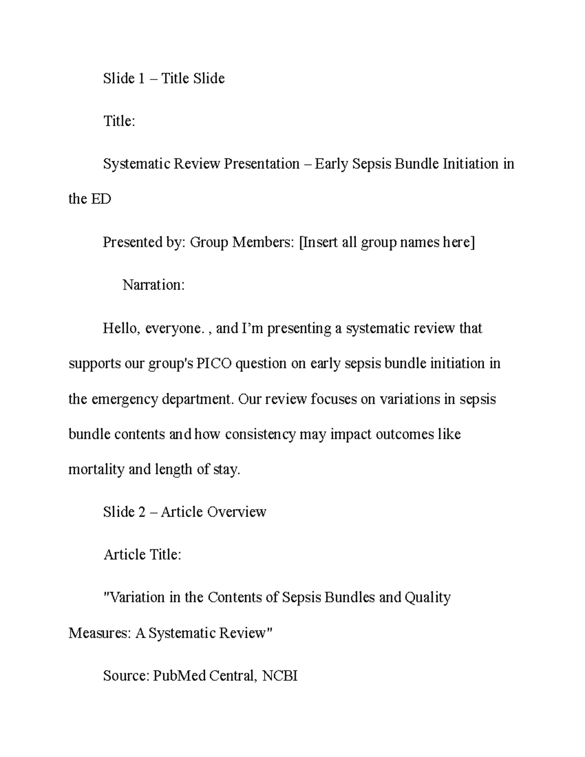 Systematic Review Presentation: Early Sepsis Bundle in ED (Vt wk5 ...