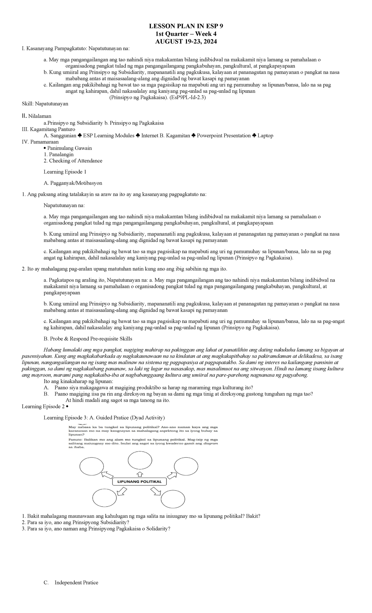 Lesson Plan in ESP 9: 1st Quarter Week 4 (Aug 19-23, 2024) - Studocu