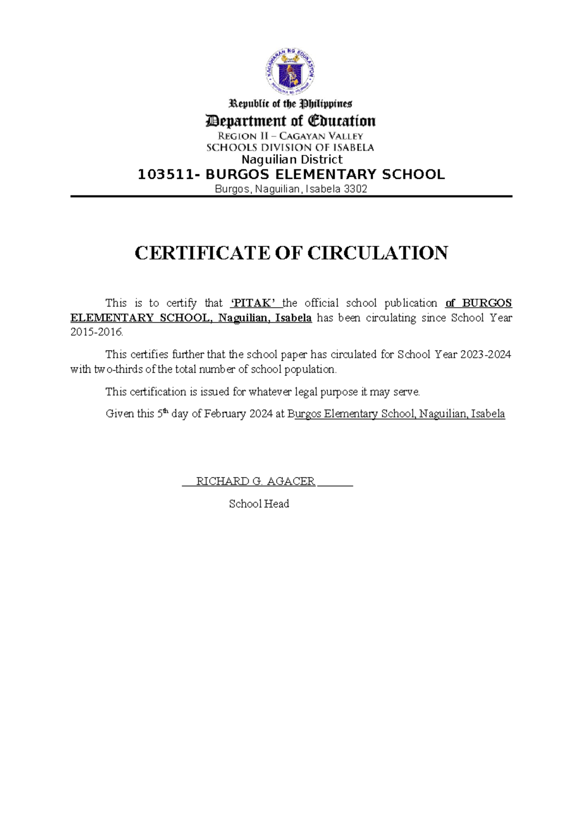 Certificate-OF- Circulation - Naguilian District 103511- BURGOS ...