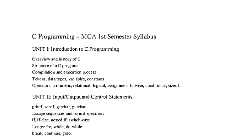 MCA 1st Sem C Programming Syllabus Overview and Study Plan - Studocu