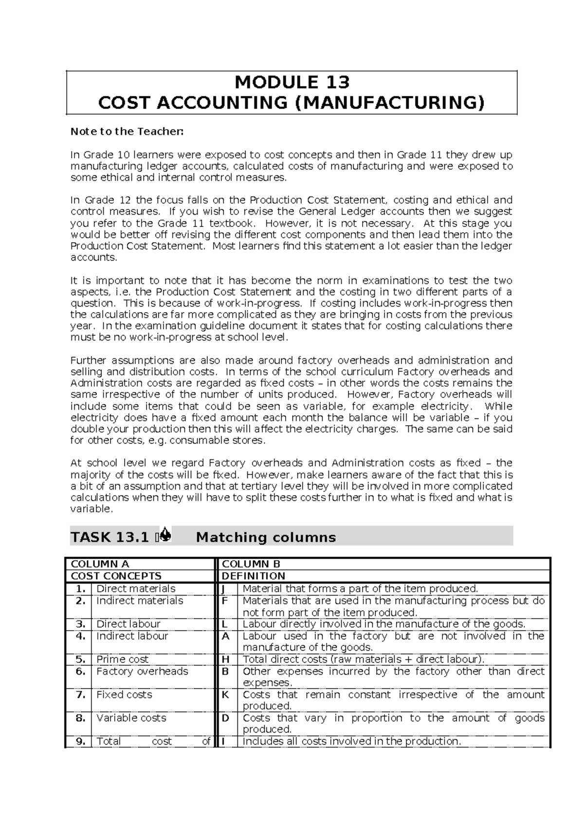Grade 12 Cost Accounting: Production Cost Statements & Analysis - Studocu