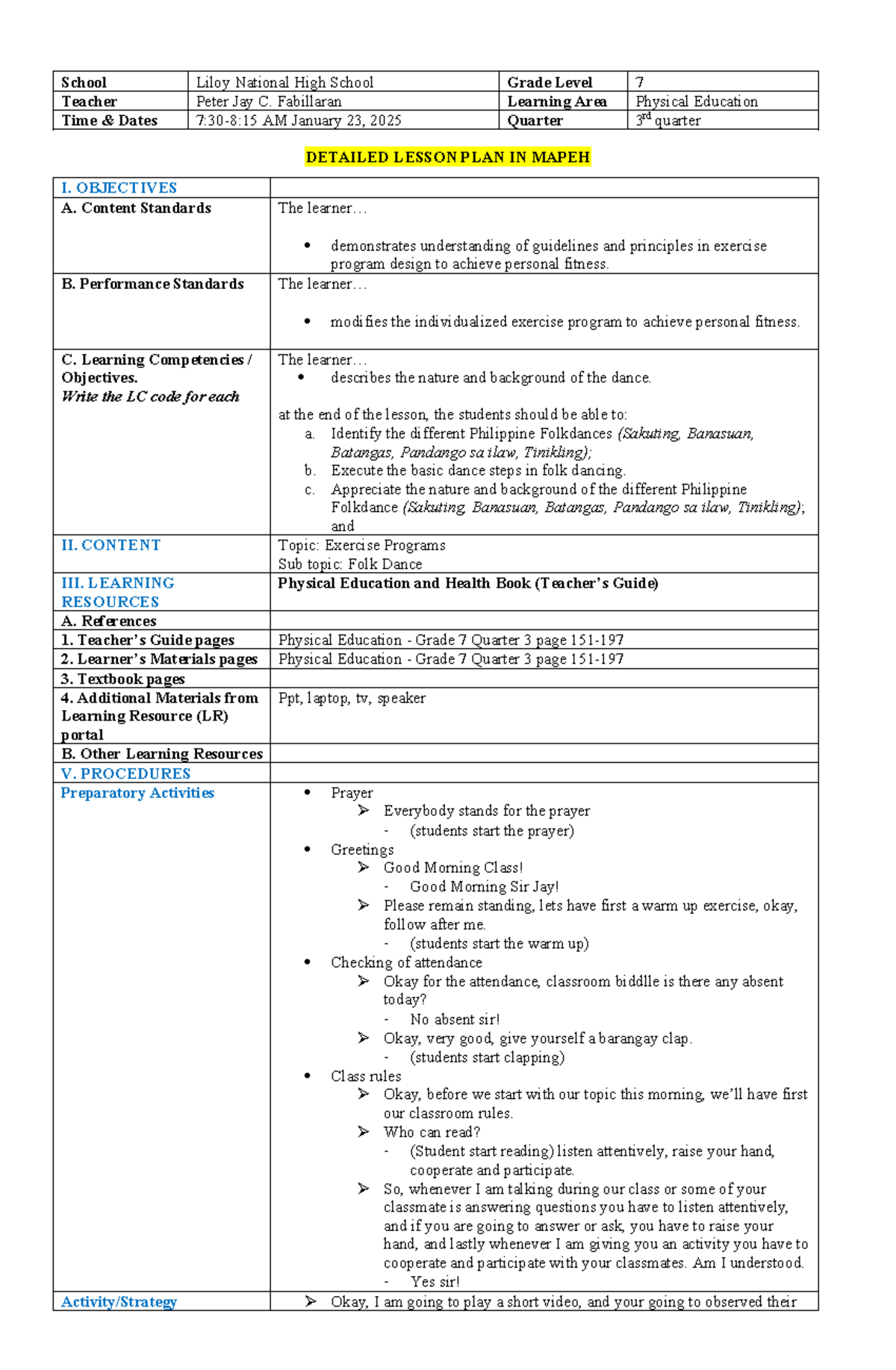 Detailed Lesson Plan in MAPEH 7: Folk Dance & Exercise Programs - Studocu