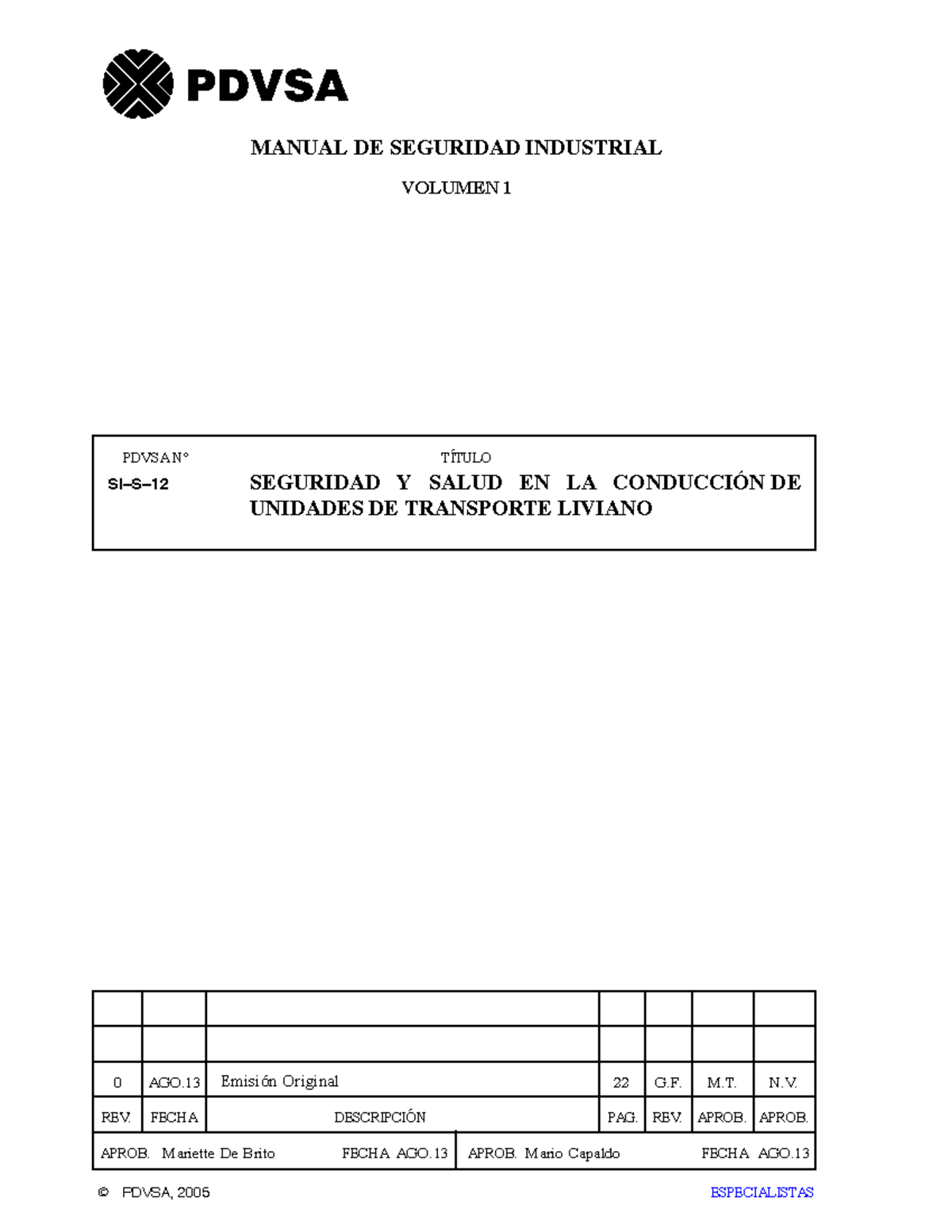 PDVSA Manual de Seguridad Industrial: Salud y Conducción de Transporte ...