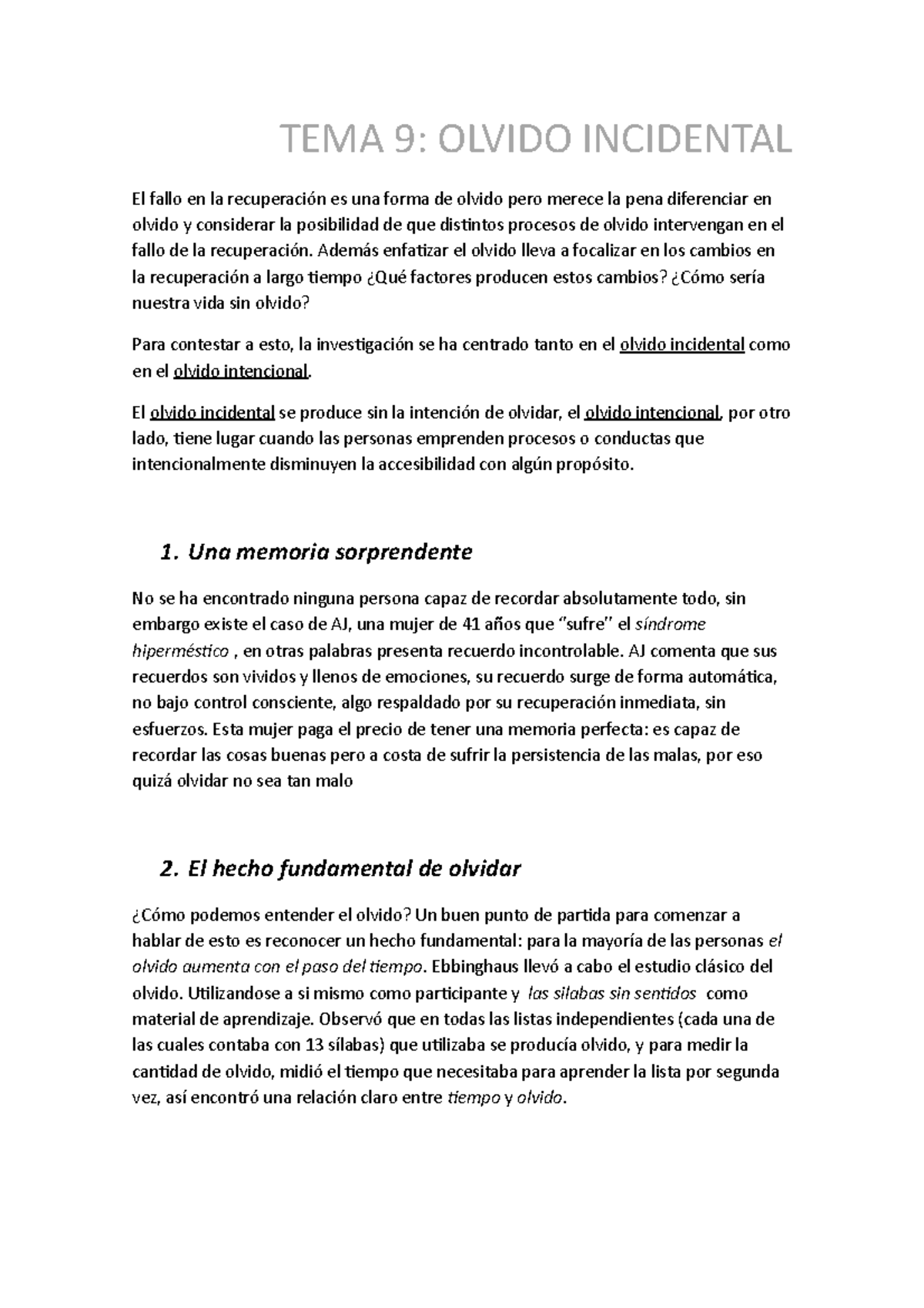 9. Olvido Incidental - Apuntes y Conceptos Clave sobre Memoria - Studocu