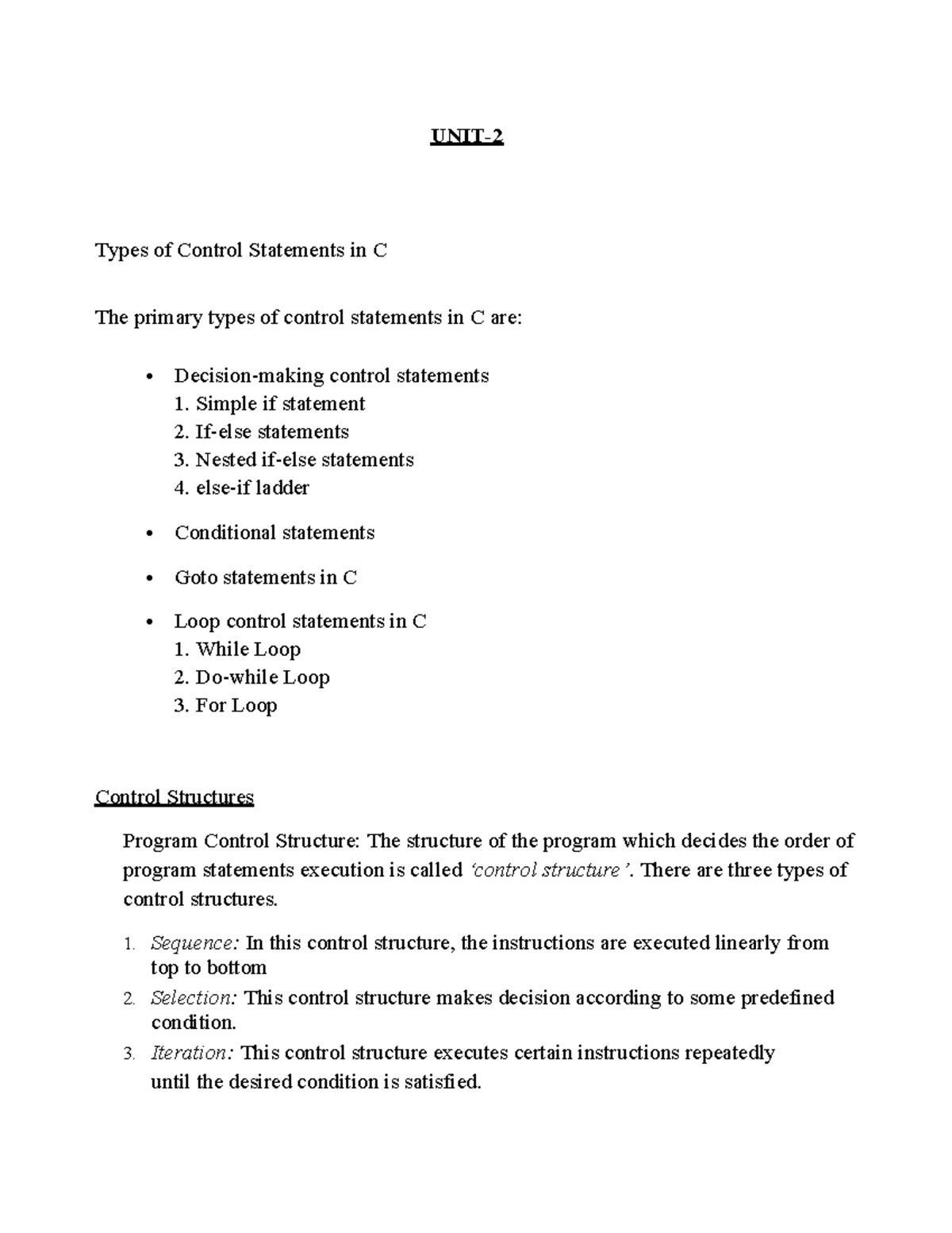 CP Unit 2 - Types of Control Statements in C Programming - Studocu