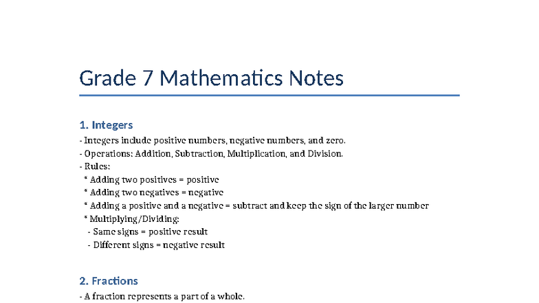 Grade 7 Math Notes - Grade 7 Mathematics Notes 1. Integers - Integers ...