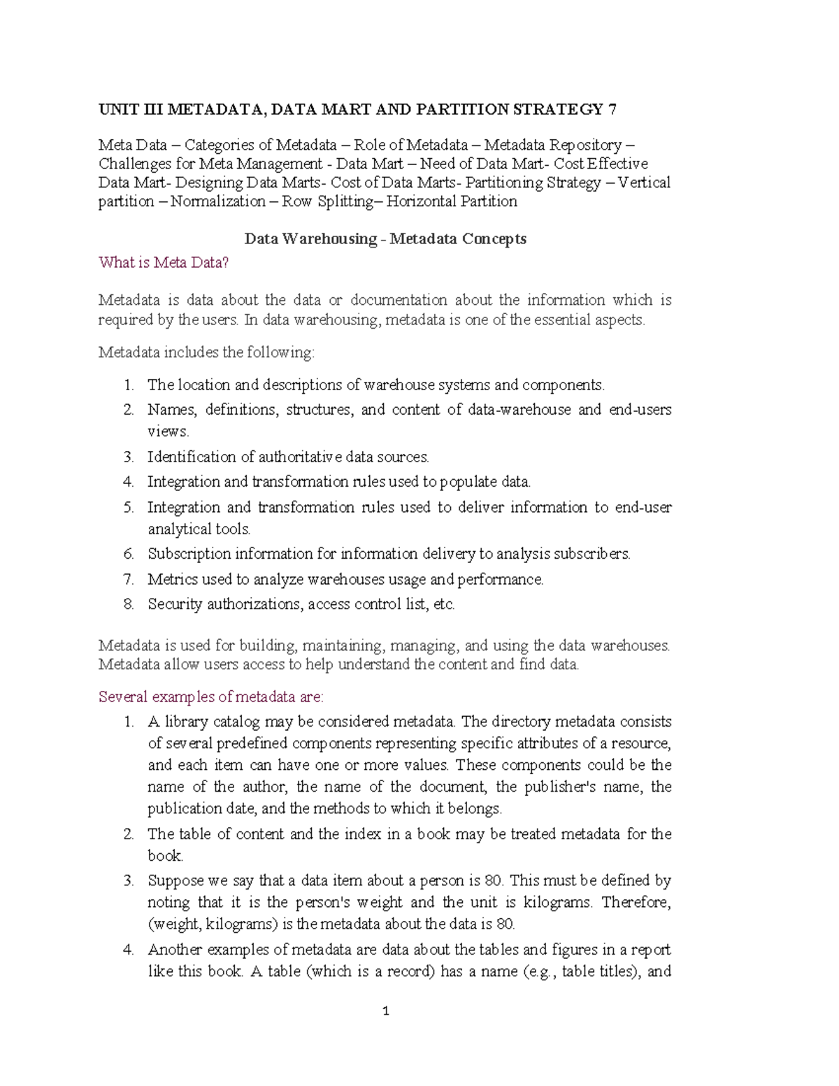 Unit 3 - Metadata, Data Mart, and Partition Strategy in Data Warehousing - Studocu