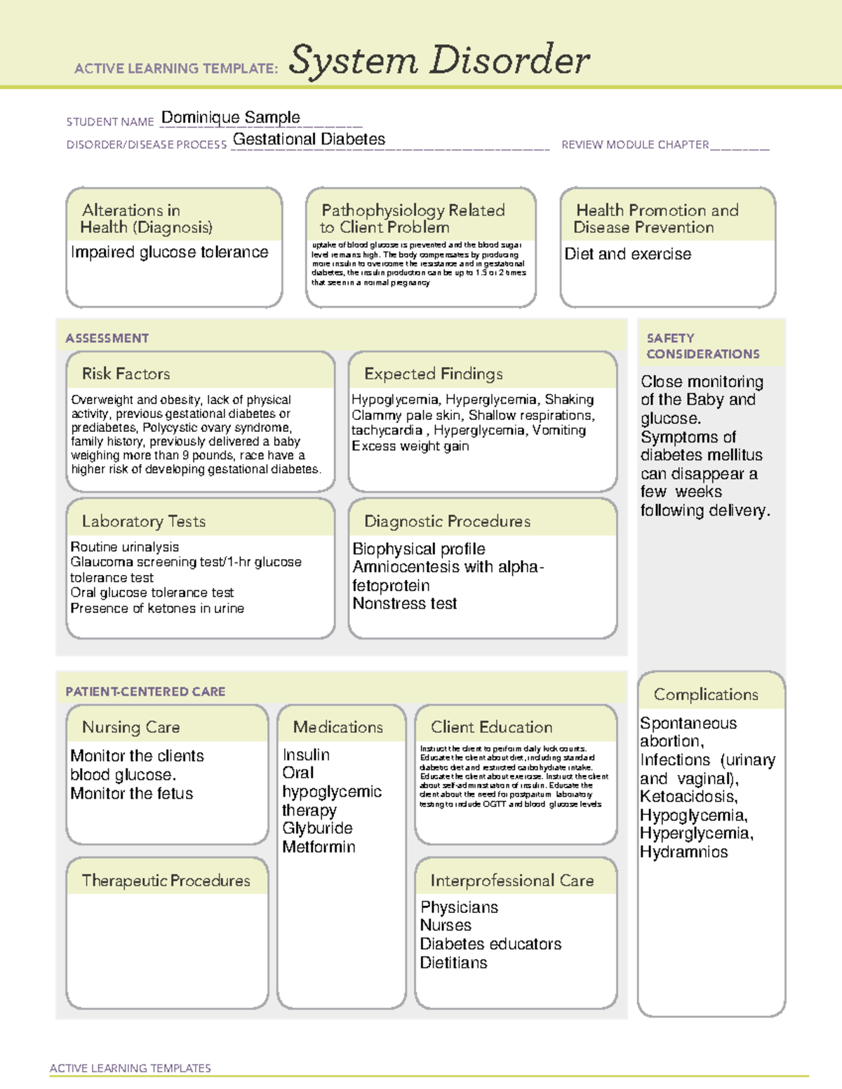Active Learning Template: Gestational Diabetes System Disorder Notes ...