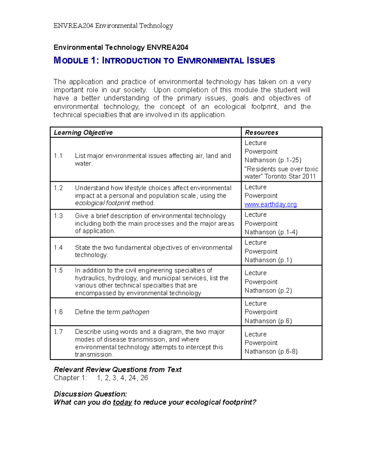 ENVREA204 Module 1: Key Learning Objectives in Environmental Tech - Studocu