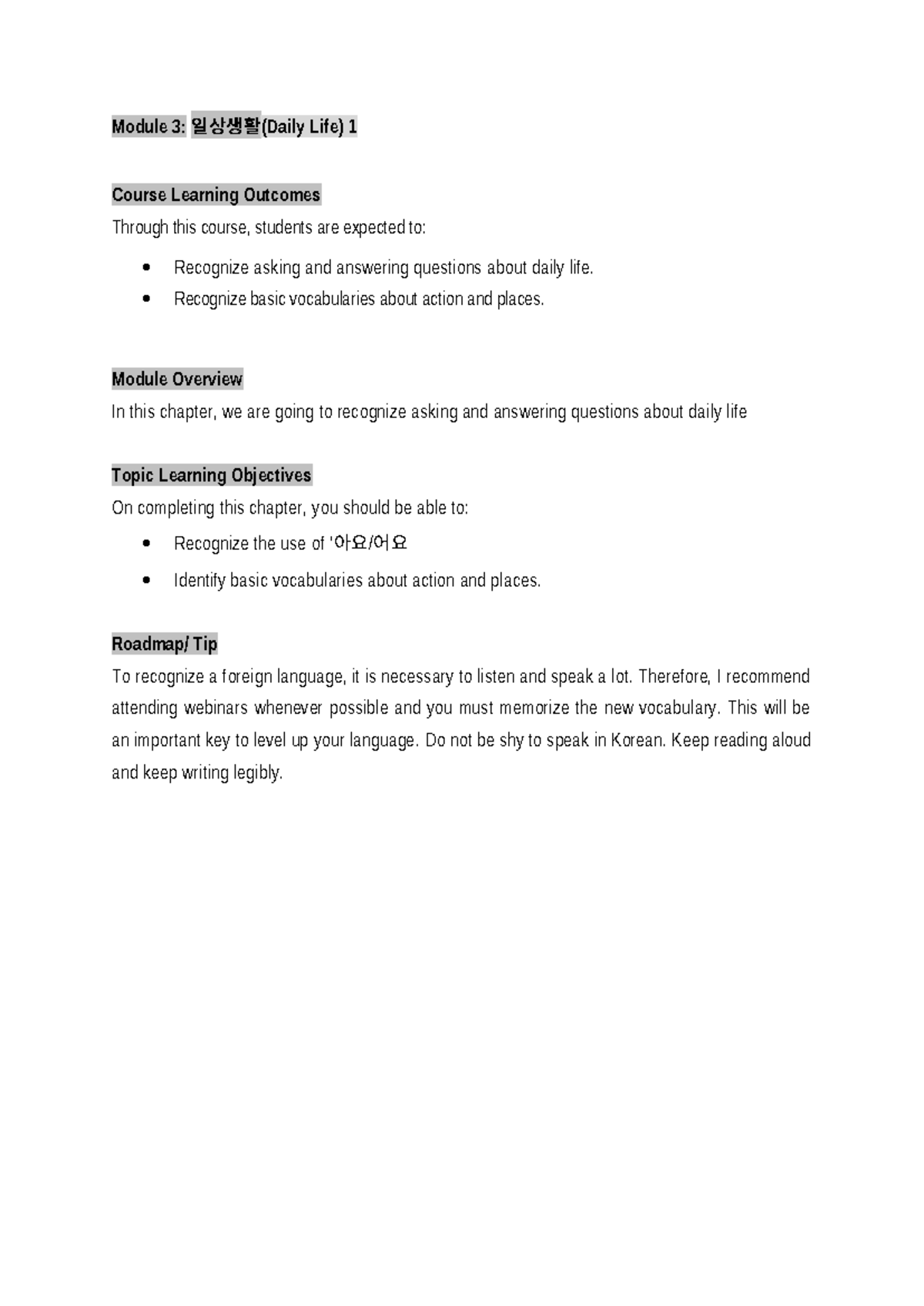 Module 3: 일상생활 1 - Daily Life in Korean Language Learning - Studocu