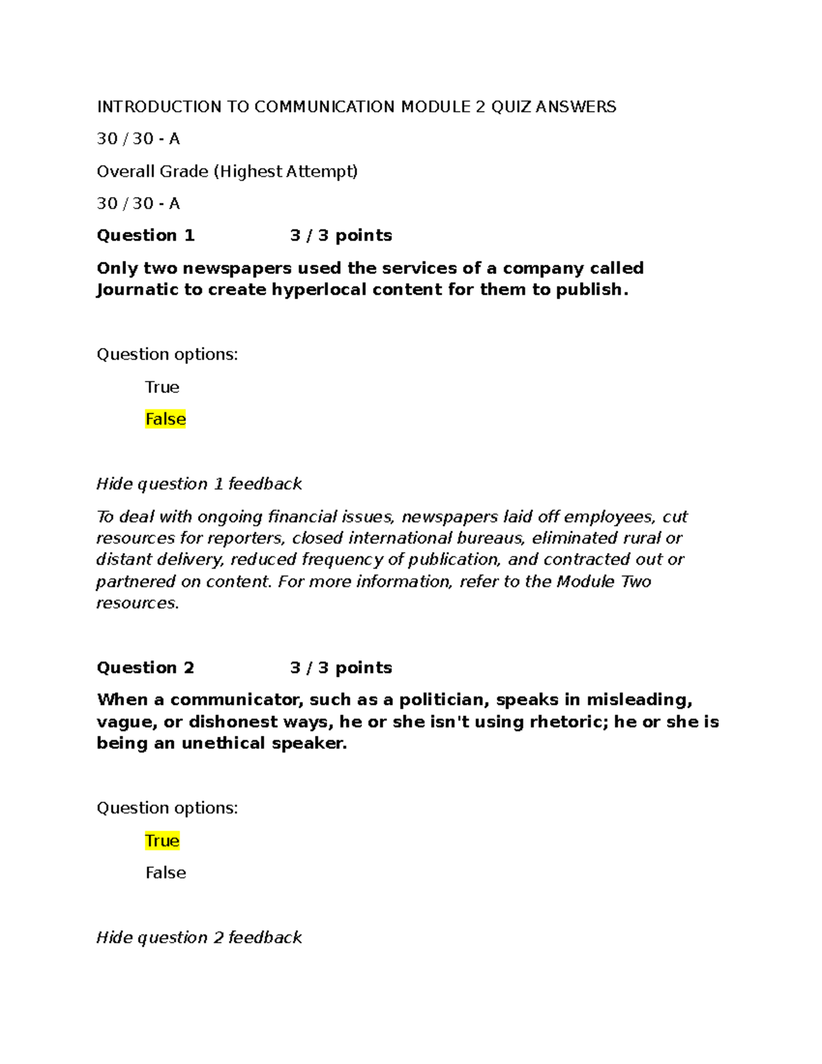 Introduction to Communication Module 2 Quiz Answers (30/30 - A) - Studocu