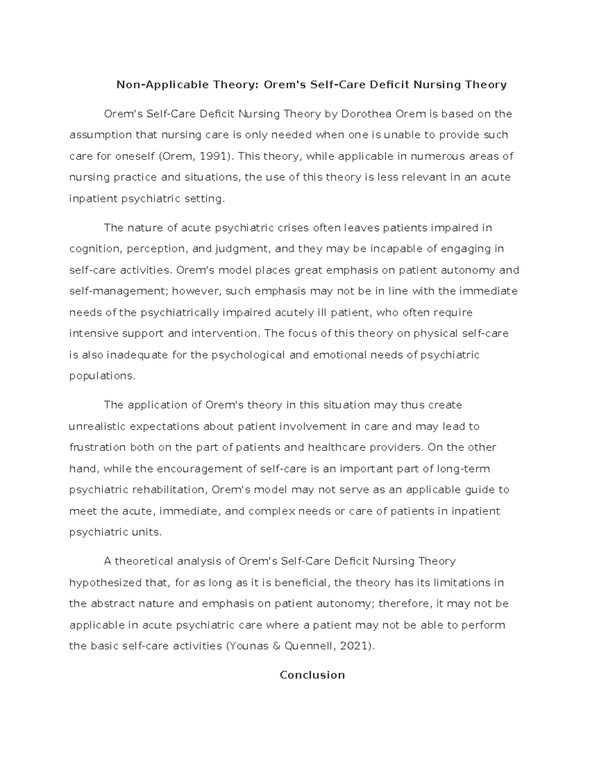 Deficit Nursing Theory: Limitations in Acute Psychiatric Care - Studocu